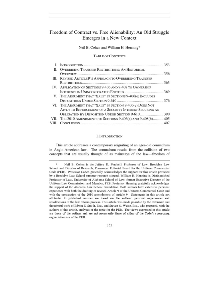 Freedom of Contract vs. Free Alienability | PDF | Uniform Commercial ...