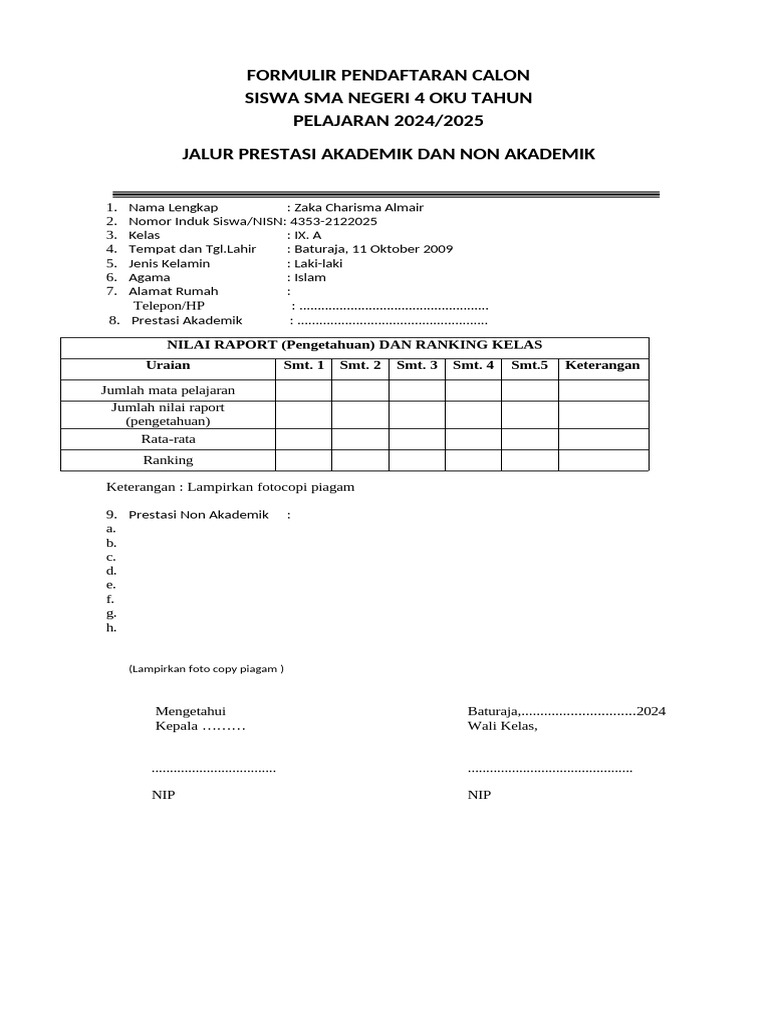 FORMAT BERKAS PENDAFTARAN JALUR PRESTASI 2024 SMAN 1 OKU (Repaired) | PDF