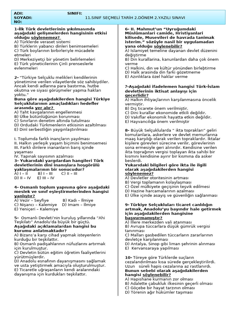 Sinif Secmeli Tarih 2. Donem 2. Yazili Sorulari Ve Cevaplari 1 | PDF