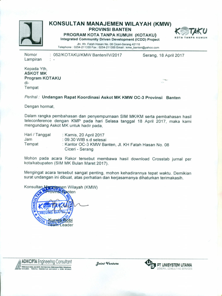 Surat KMW NO 052 Perihal Undangan Rapat Koordinasi Askot MK KMW OC-3 Provinsi Banten | PDF