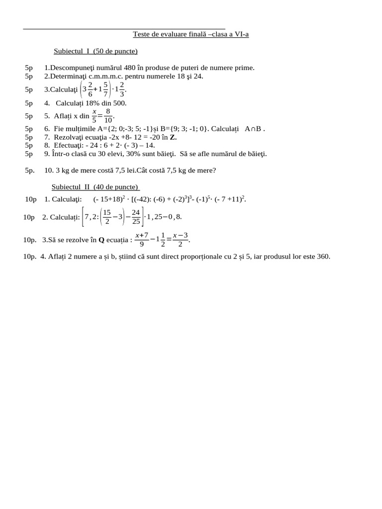 Evaluare Finala 6 Algebra | PDF