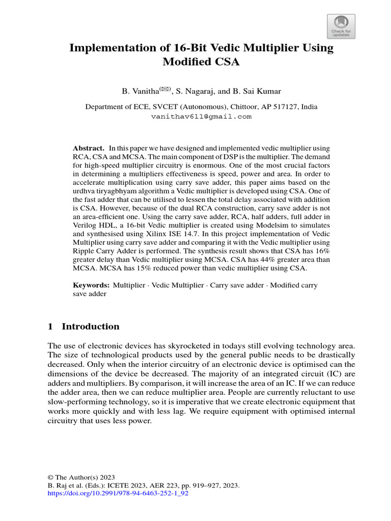 Implementation of 16-Bit Vedic Multiplier Using | PDF