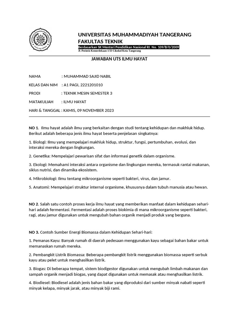Jawaban Uts Ilmu Hayat Muhammad Sajid Nabil Teknik Mesin A1 | PDF