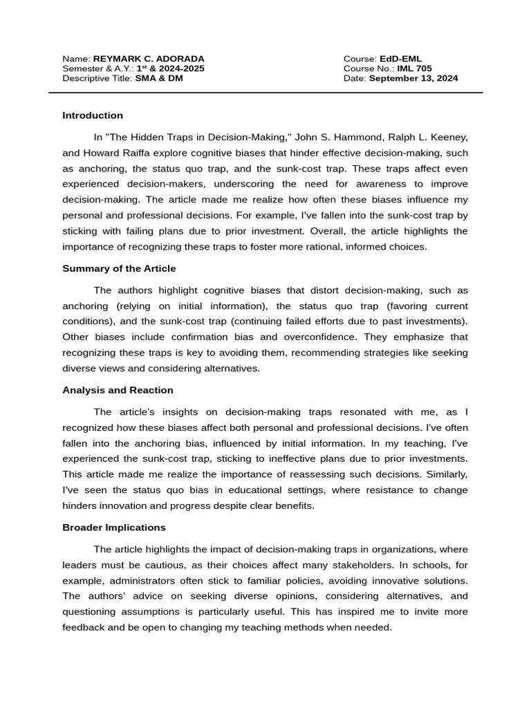 The Hidden Traps in Decision Making | PDF | Decision Making | Bias