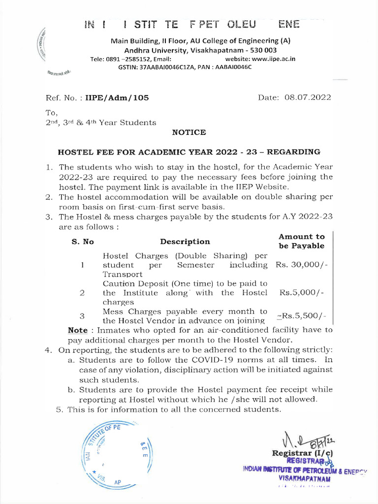 Hostel Fees - Regarding | PDF