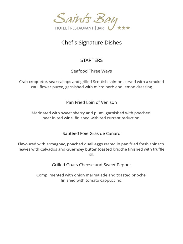 Saints Bay Hotel Chefs Signature Dishes | PDF | Steak | Lamb And Mutton