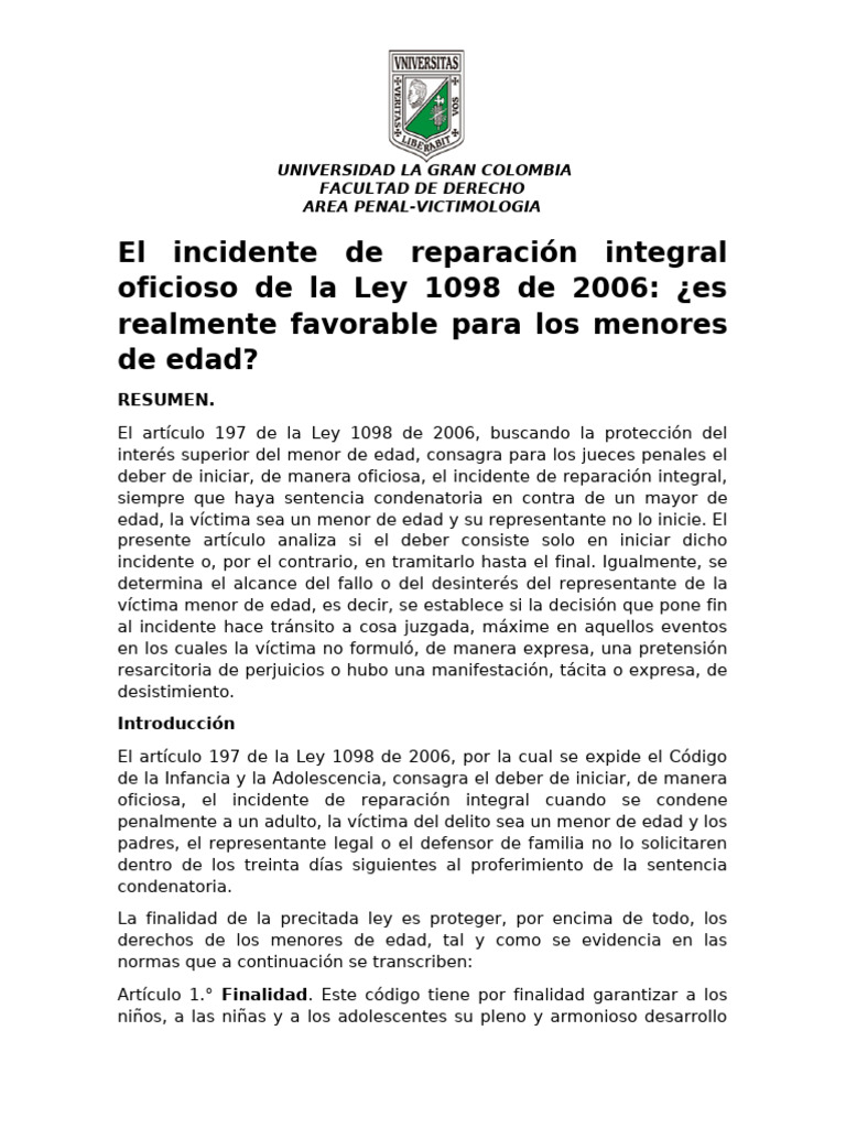 El incidente de reparación integral oficioso de la Ley 1098 de 2006 | PDF El incidente de reparación integral oficioso de la Ley 1098 de 2006 | PDF