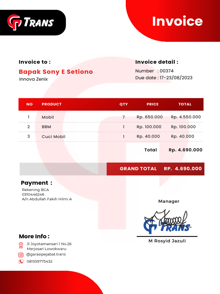 Contoh Invoice Rental Mobil | PDF