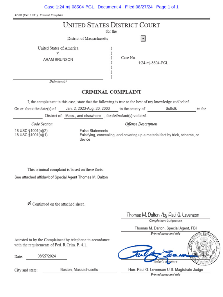 Usa v. Aram Brunson - Complaint | PDF