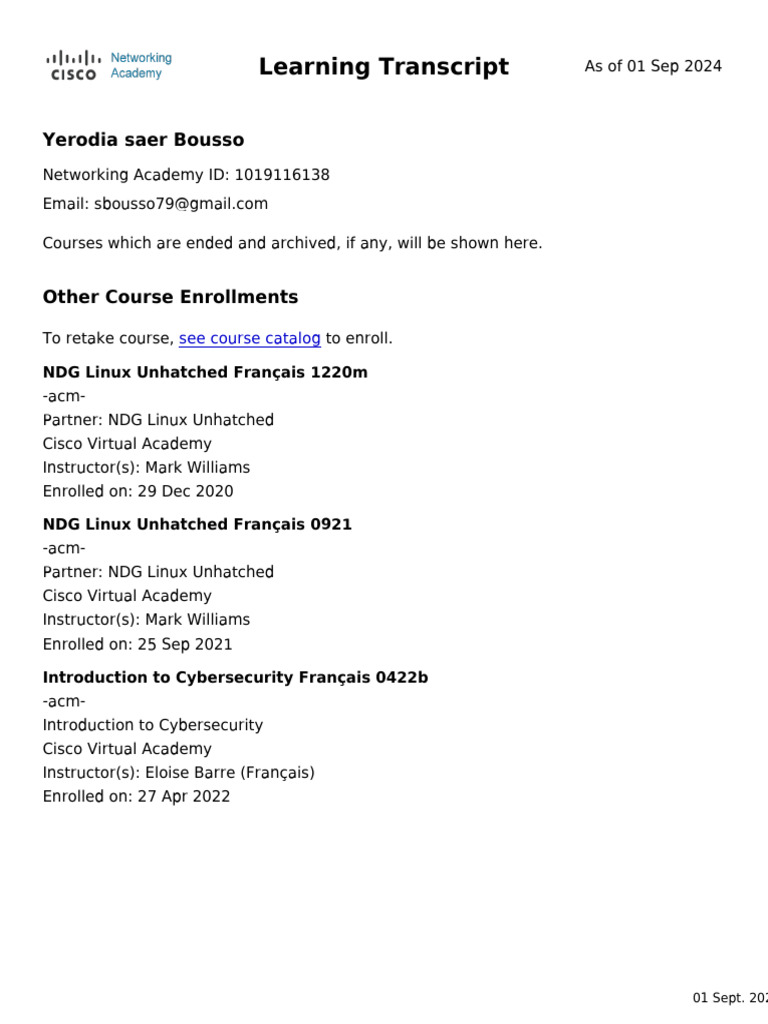 NetAcad Learning Transcript | PDF