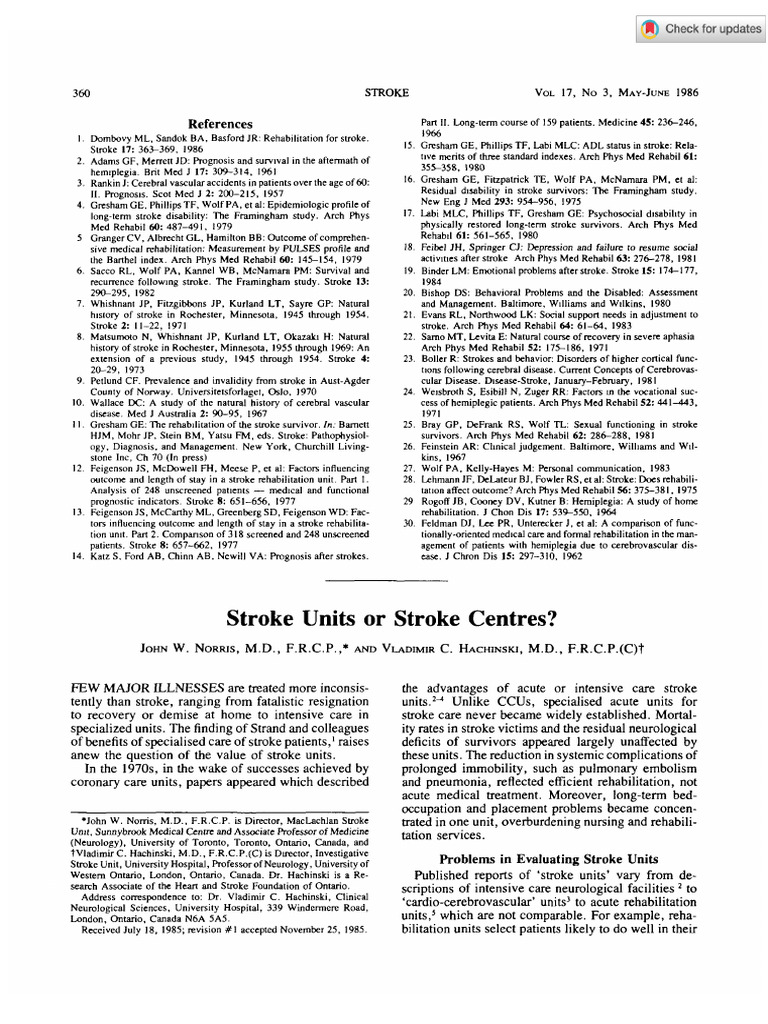 Norris Hachinski 1986 Stroke Units or Stroke Centres | PDF