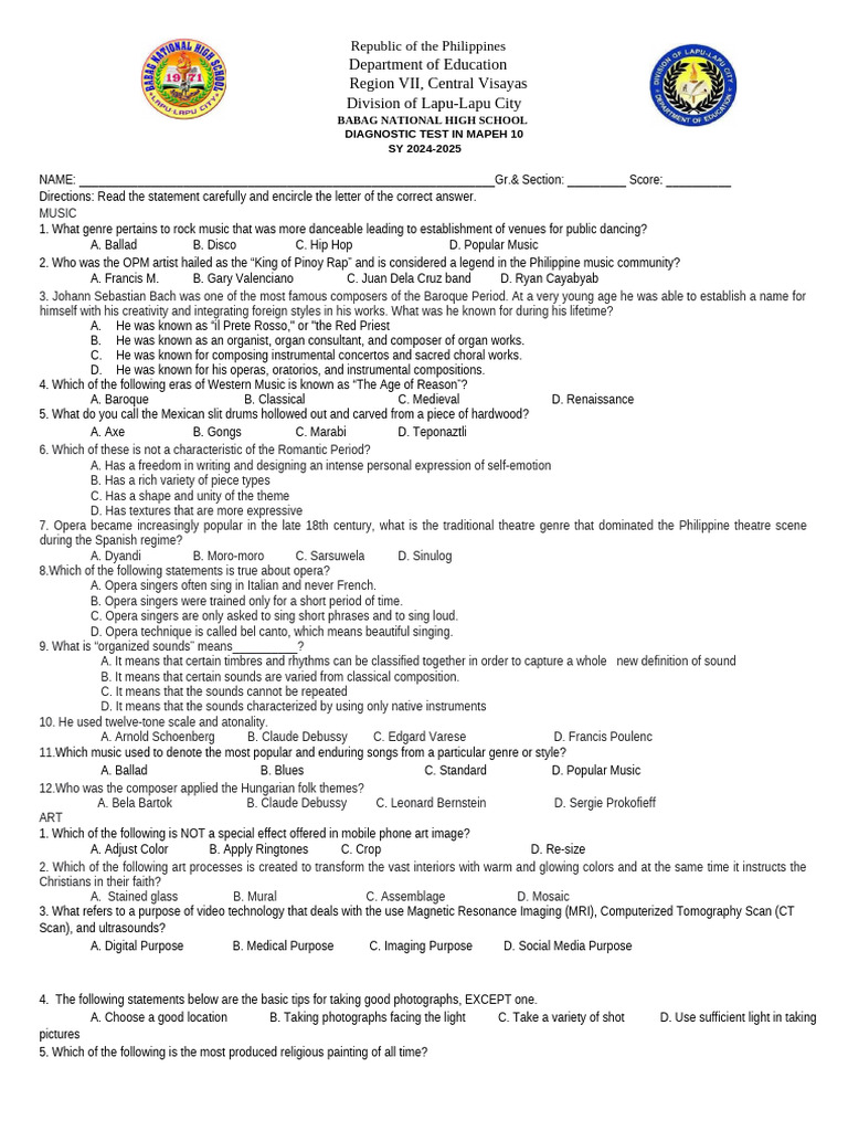 Mapeh Diagnostic Test | PDF