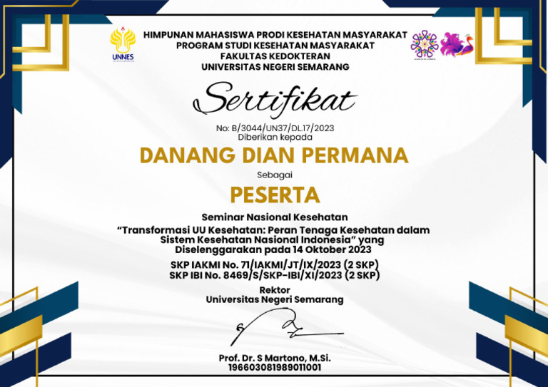 Danang Dian Permana - E-Sertifikat Seminar Nasional Kesehatan 2023 | PDF