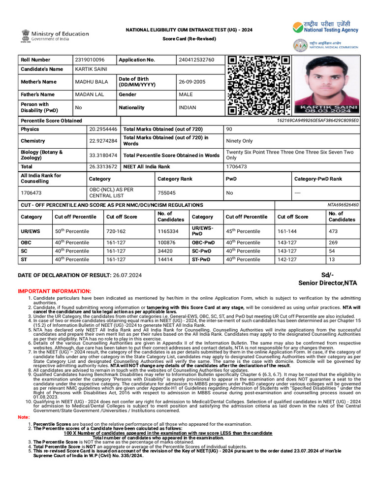 Neet.ntaonline.in Frontend Web Re-revised25july-Scorecard Score-card | PDF
