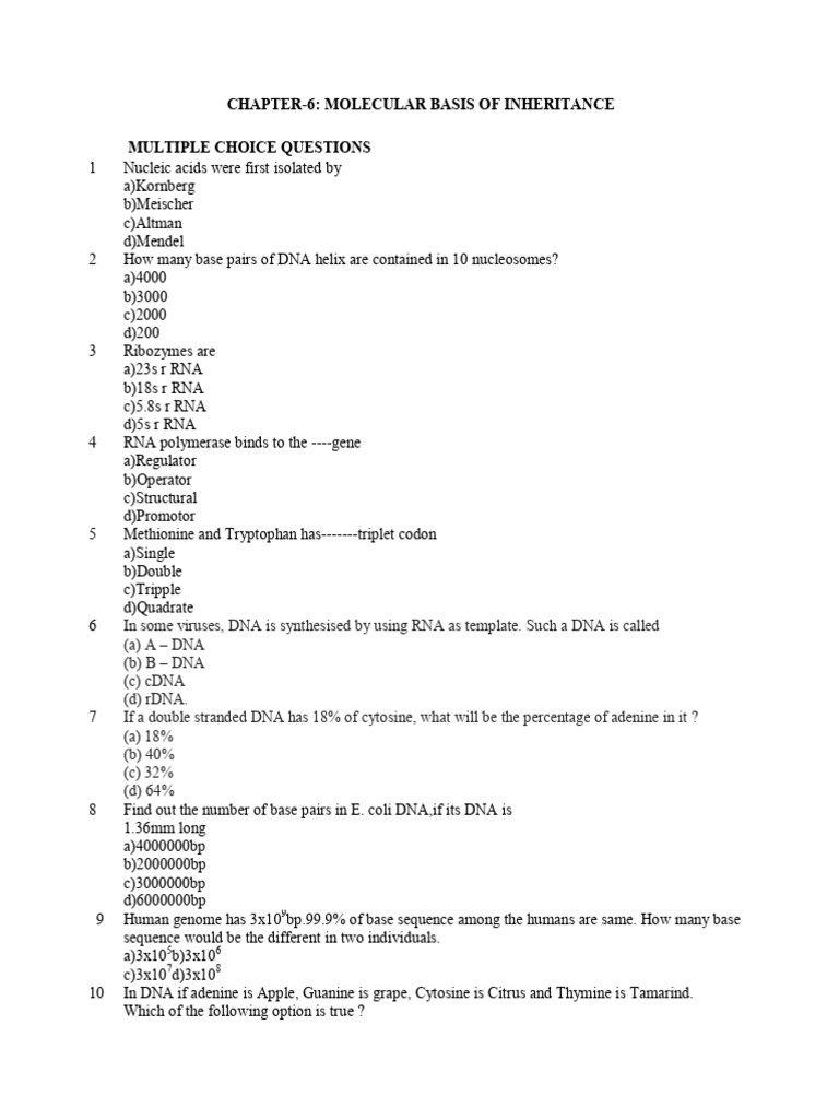 6-MOLECULAR BASIS OF INHERITANCE MCQ | PDF 6-MOLECULAR BASIS OF INHERITANCE MCQ | PDF
