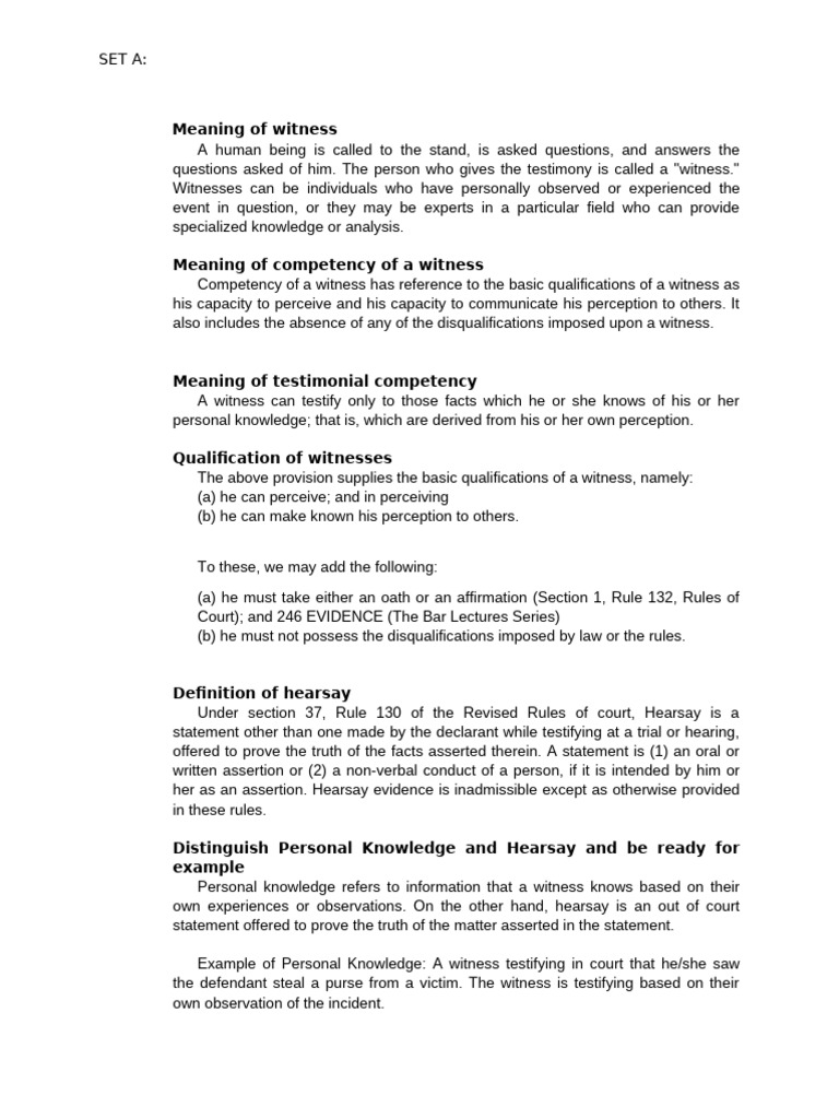Set A - Evidence | PDF