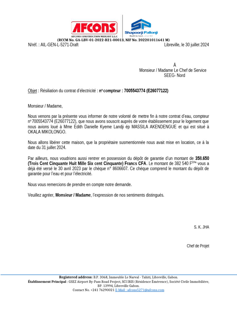 Letter To SEEG For Electricity Meter Disconnection at Party Guest House ...