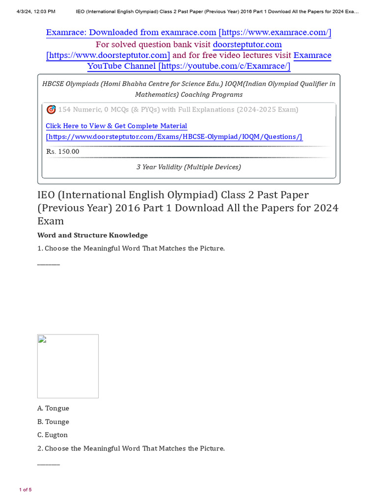 IEO Class 2 Paper 2016 Part 1 | PDF