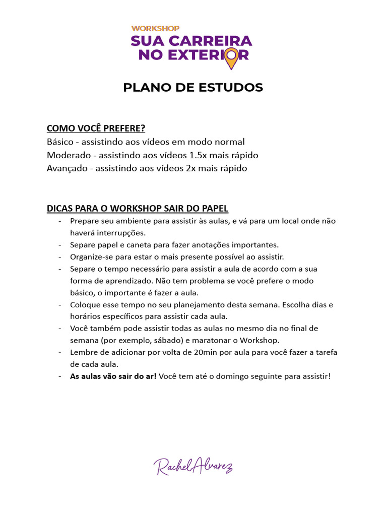 Plano de Estudos - Workshop Sua Carreira no Exterior | PDF