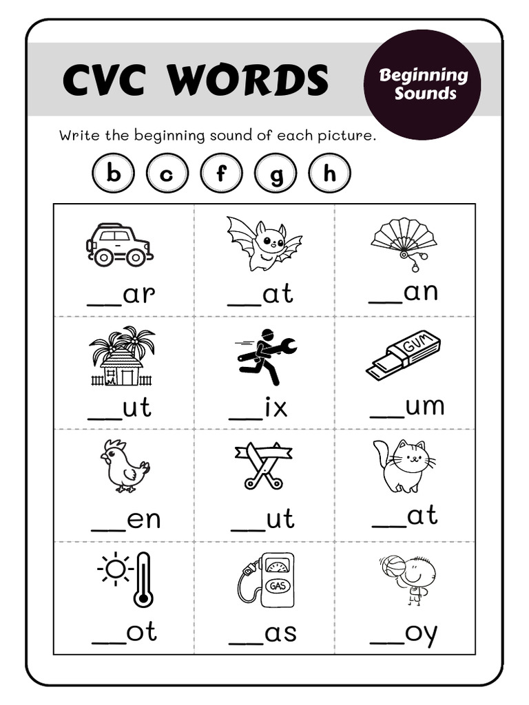 CVC Beginning Sounds Worksheet Black and White Lined Style | PDF