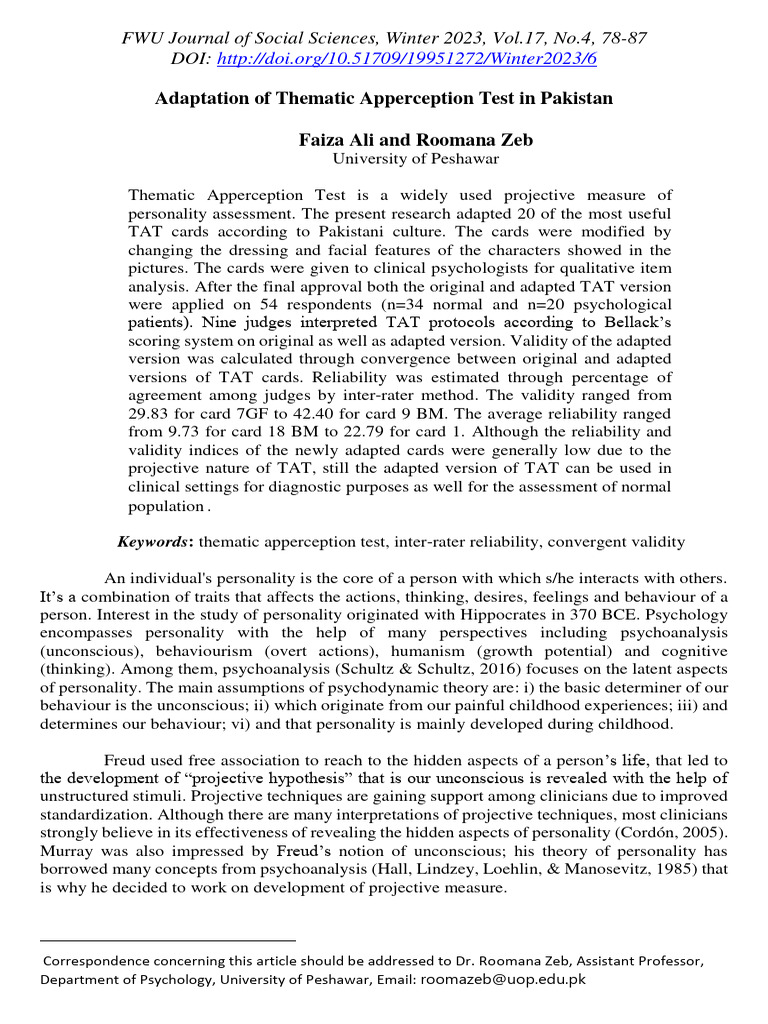 Adaptation of Thematic Apperception Test | PDF