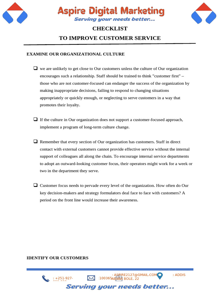 Check List To Improving Customer Satisfaction | PDF