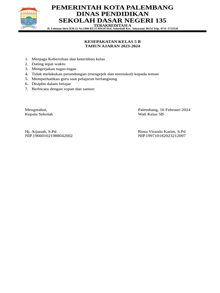 Kesepakatan Kelas 1 C | PDF