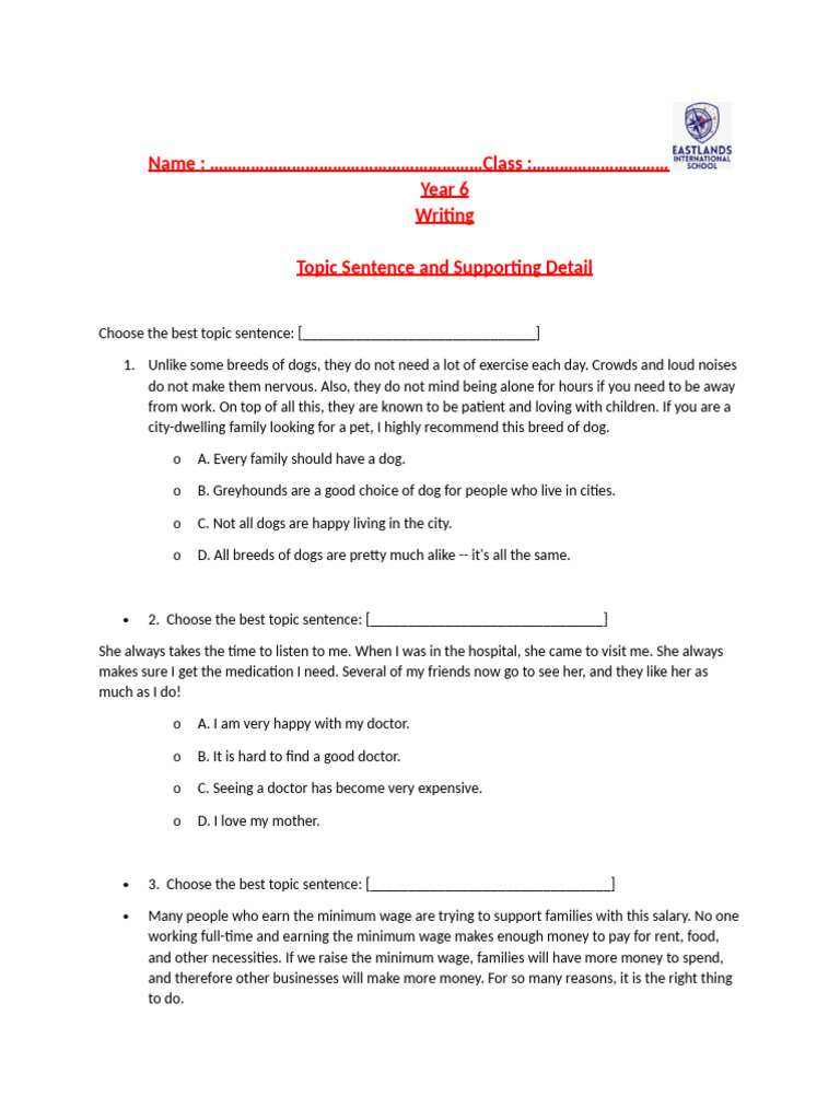 Name: Class: Year 6 Writing Topic Sentence and Supporting Detail | PDF