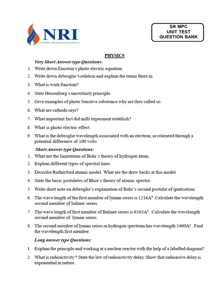 SR Physics Ut Que Bank Paper | PDF