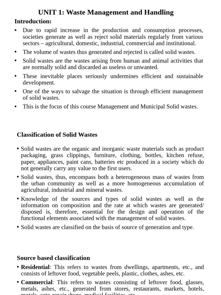 Unit I - Waste Management and Handling | PDF