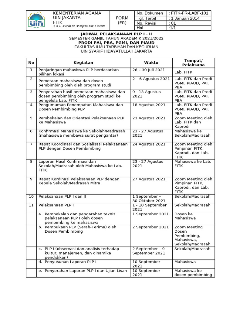 Jadwal PLP Ganjil 2021-2022 | PDF