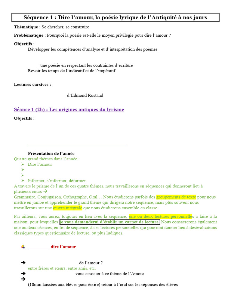 Séquence 1 - Dire L'amour - Cours Entier | PDF