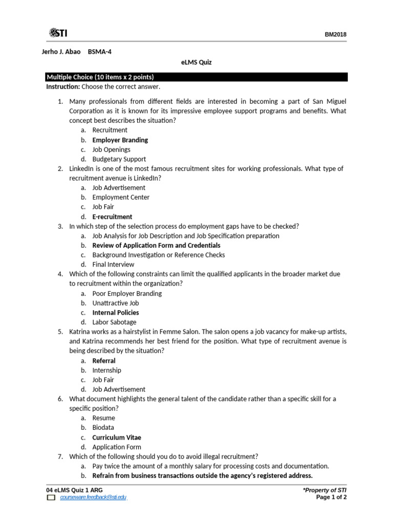 HRM 04 eLMS Quiz 1 Abao | PDF | Recruitment | Career & Growth
