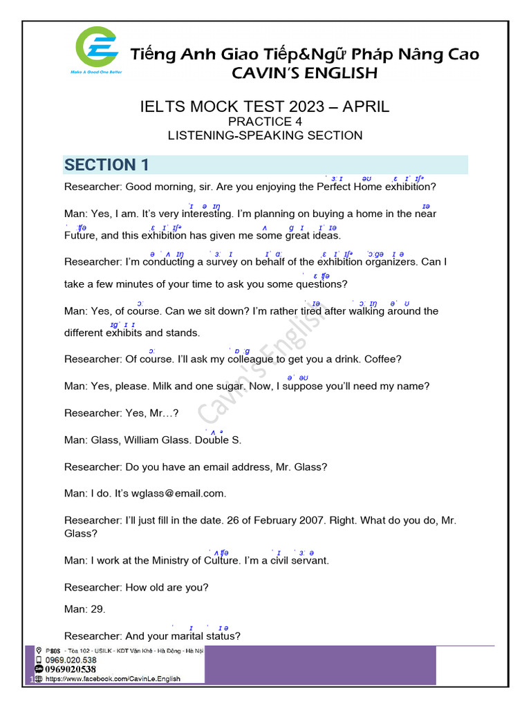 IELTS Mock Test 2023 April - Practice 4 - Part 1 | PDF