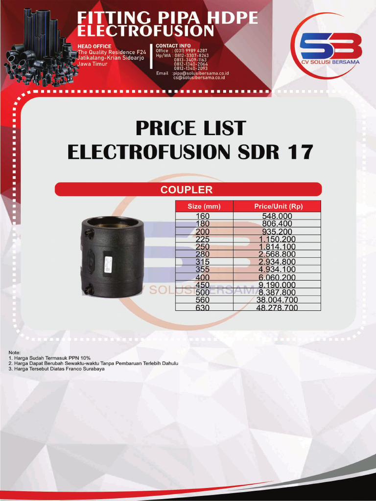 Price List Fitting Electro Fusion SDR 17 | PDF