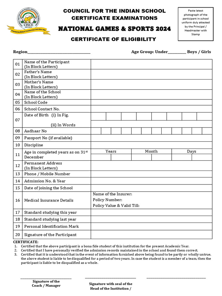 National - Eligibility Form - CISCE Games & Sports 2024 | PDF