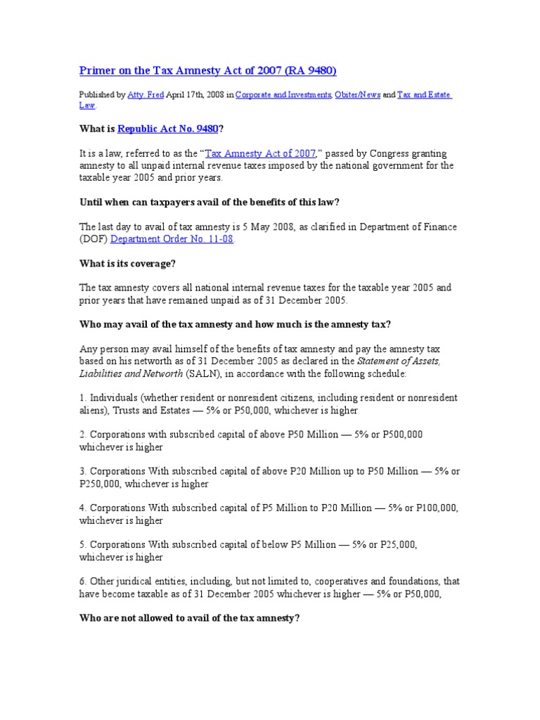 Primer On The Tax Amnesty Act of 2007 | PDF | Internal Revenue Service ...