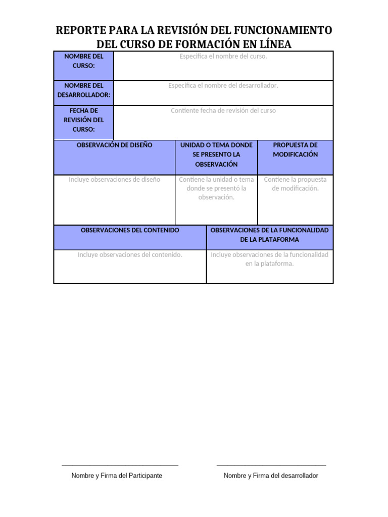 E3-Reporte para La Revisión Del Funcionamiento Del Curso de Formación en Línea Elaborado | PDF