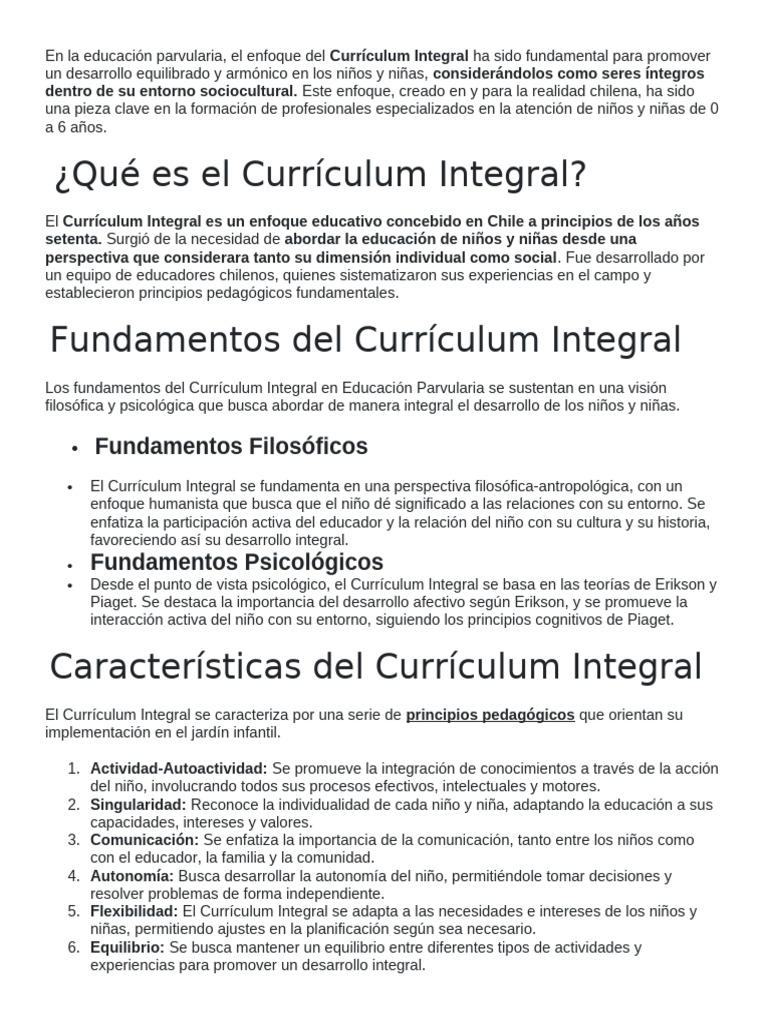 Currículum Integral en La Educación Parvularia | PDF | Plan de estudios ...