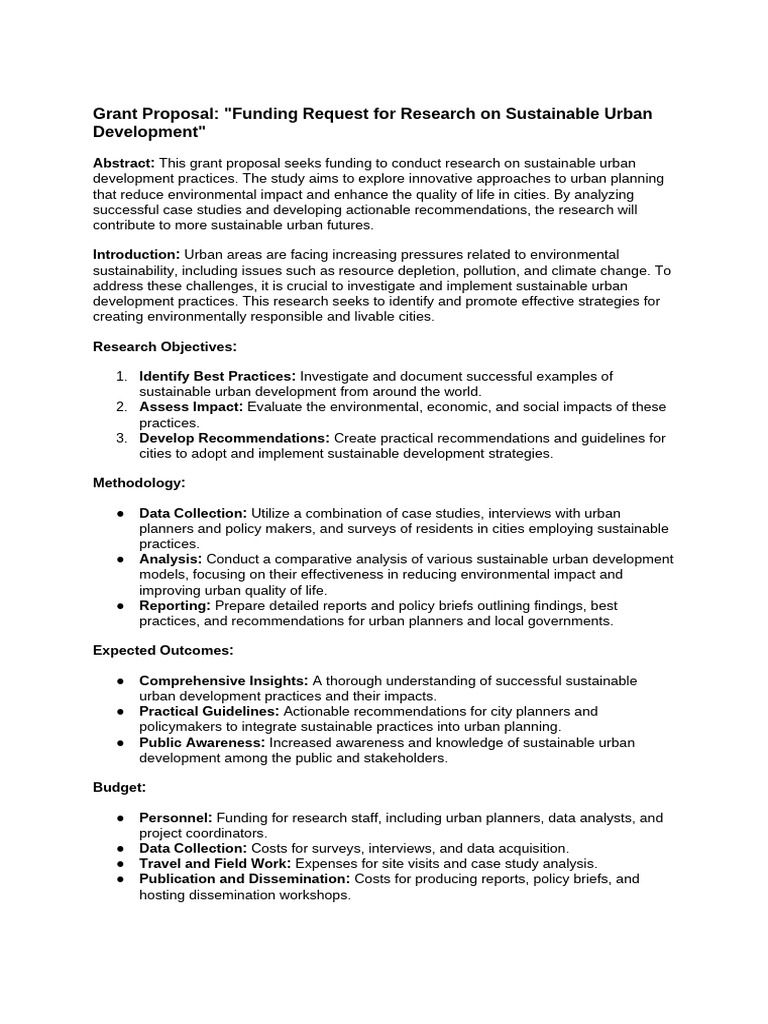 Grant Proposal - Funding Request For Research On Sustainable Urban ...