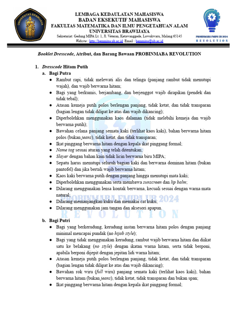 Booklet Dresscode, Atribut, Dan Barang Bawaan PROBINMABA REVOLUTION | PDF