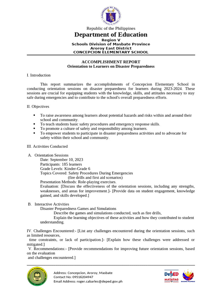 ACCOMPLISHMENT REPORT ORIENTATION | PDF