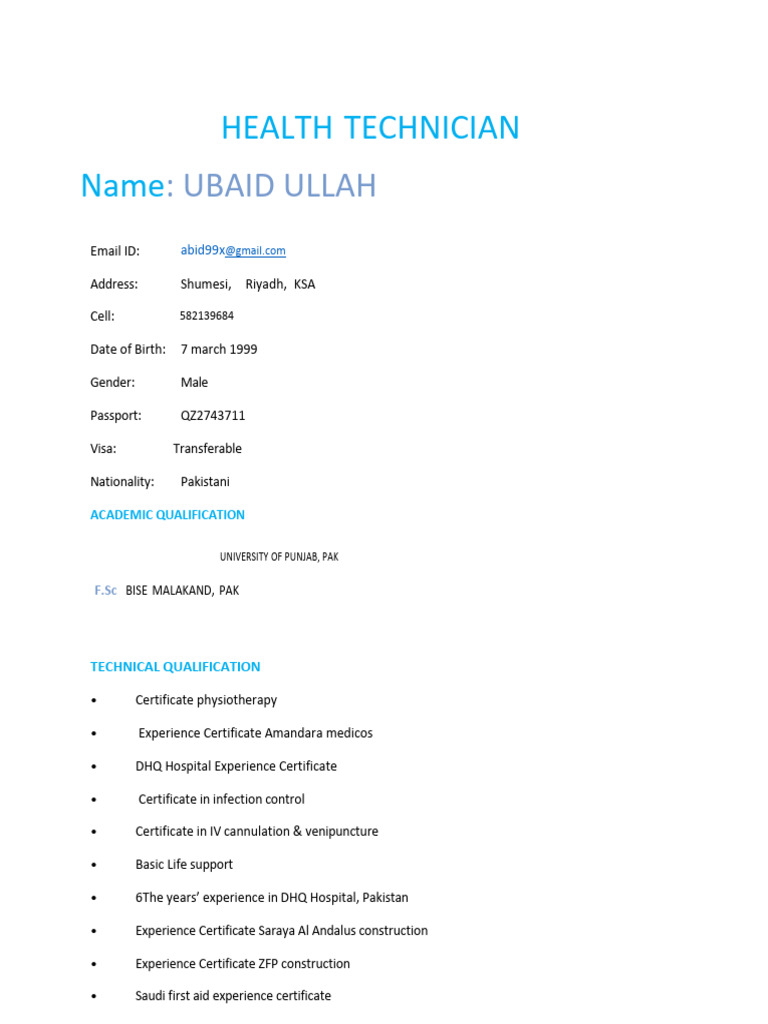 Ubaid Ullah CV Health | PDF
