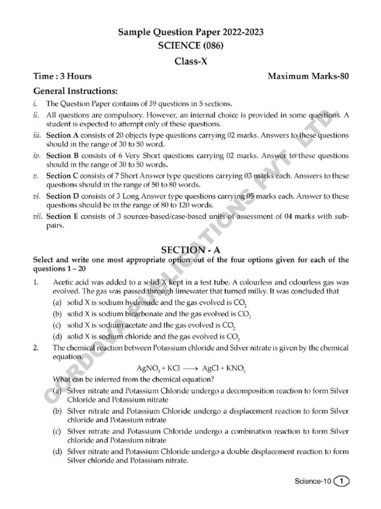 Questions Sample Paper (SCIENCE-10) | PDF