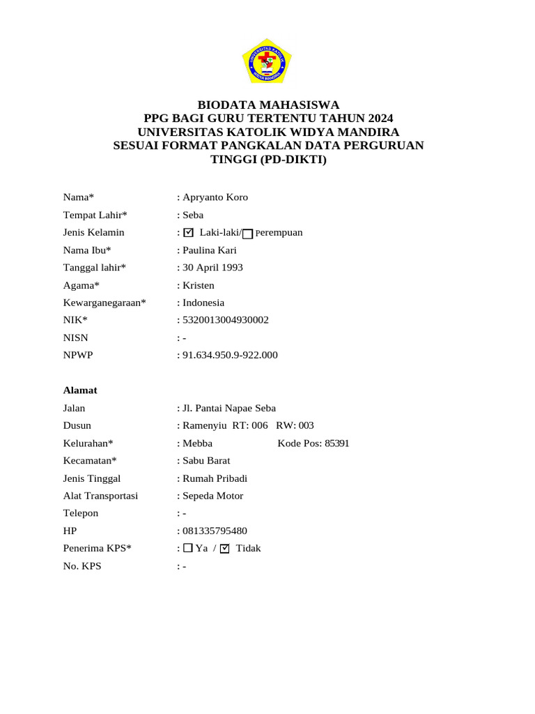 Format Biodata Mahasiswa Ppg Bagi Guru Tertentu Pdf