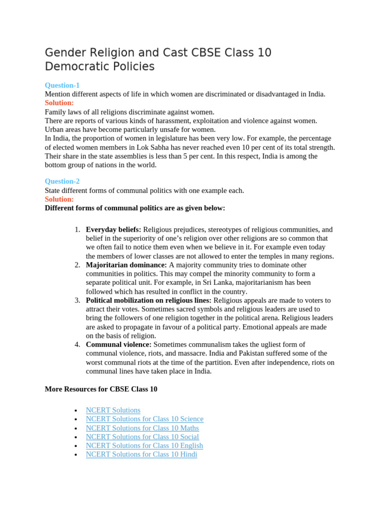 Gender Religion and Cast CBSE Class 10 Democratic Policies | PDF | Secularism | Religion ...