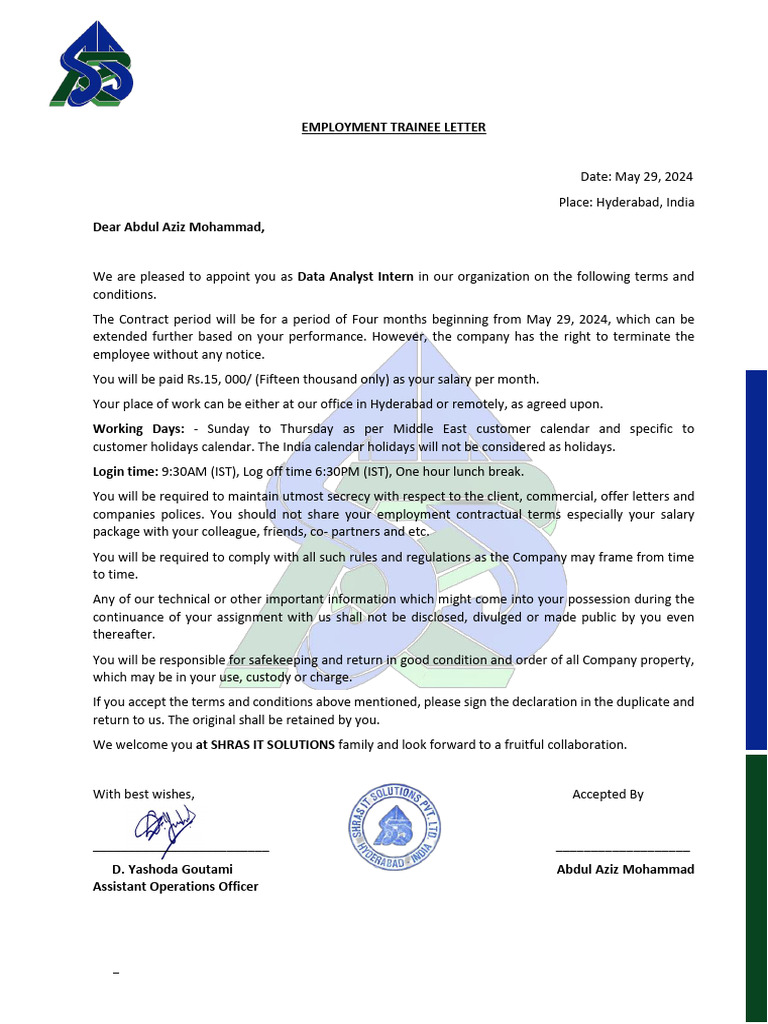 Employment Letter With Jd - Abdul Aziz Mohammed | PDF