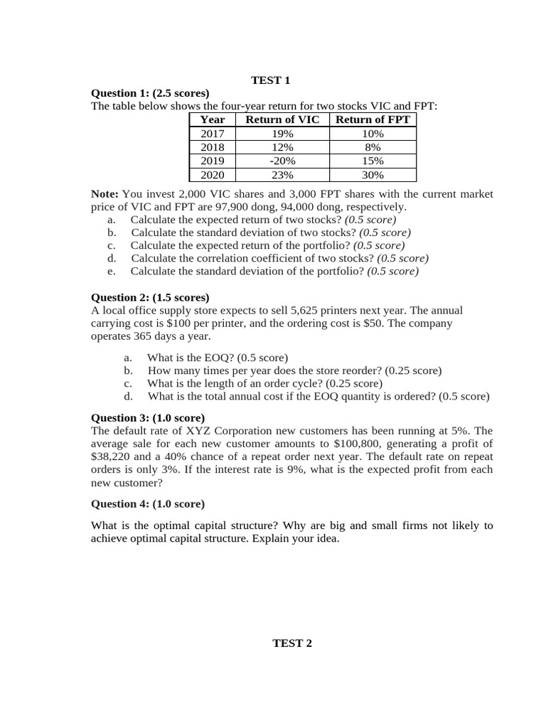 Test 1 Question 1: (2.5 Scores) Year Return of VIC Return of FPT | PDF