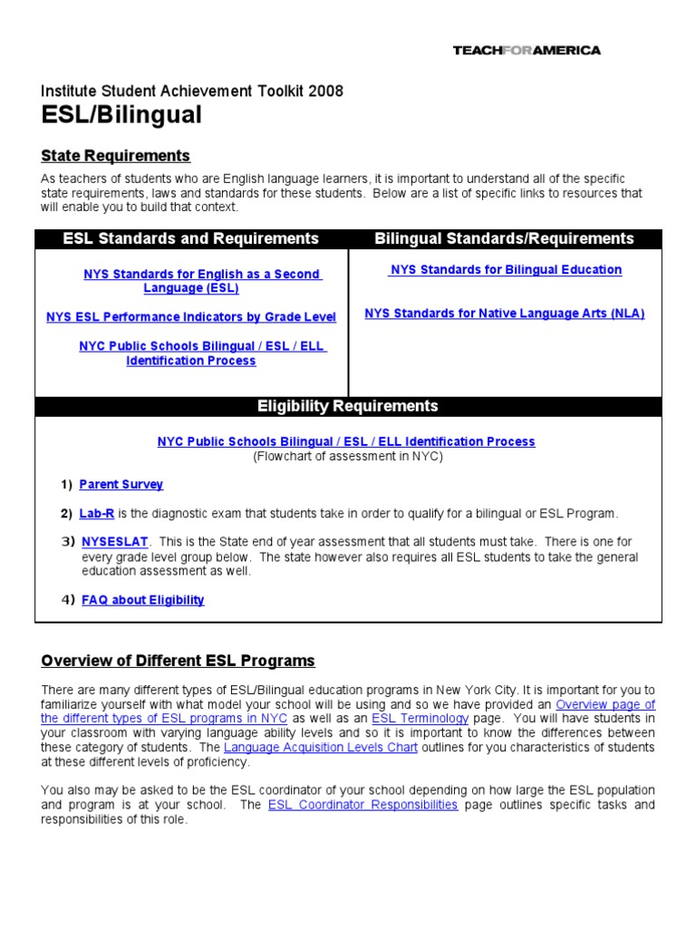 ESL Bilingual - Overview | PDF | English As A Second Or Foreign ...