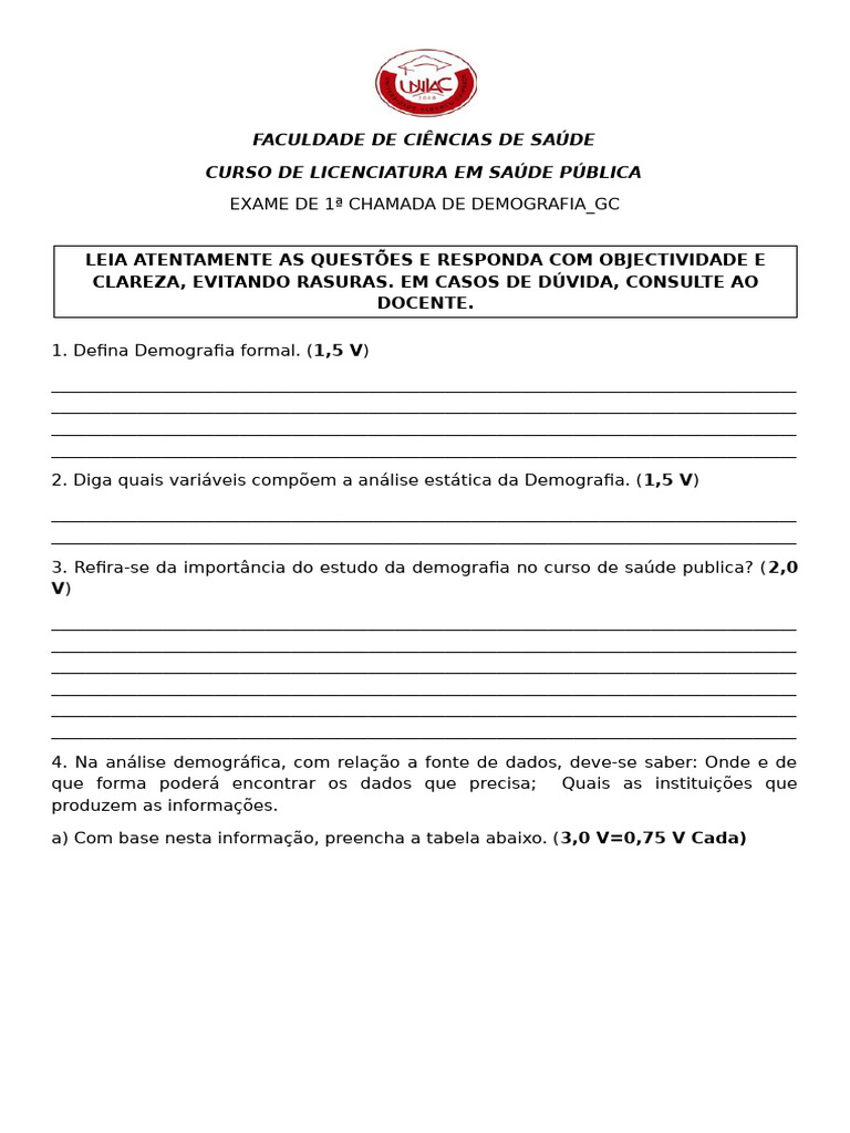 Exame de 1 Chamada de - Univec - HB | PDF